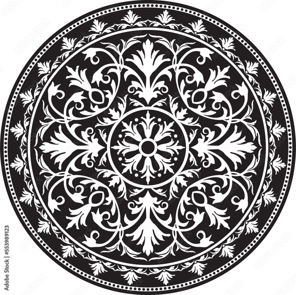 Vector round monochrome floral european national pattern. Ethnic circle ...