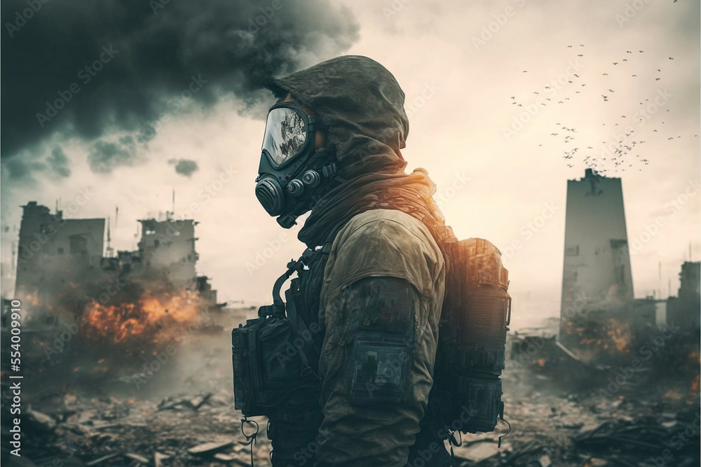 Soldier wearing gas mask in post-apocalyptic city ruins and battlefield ...