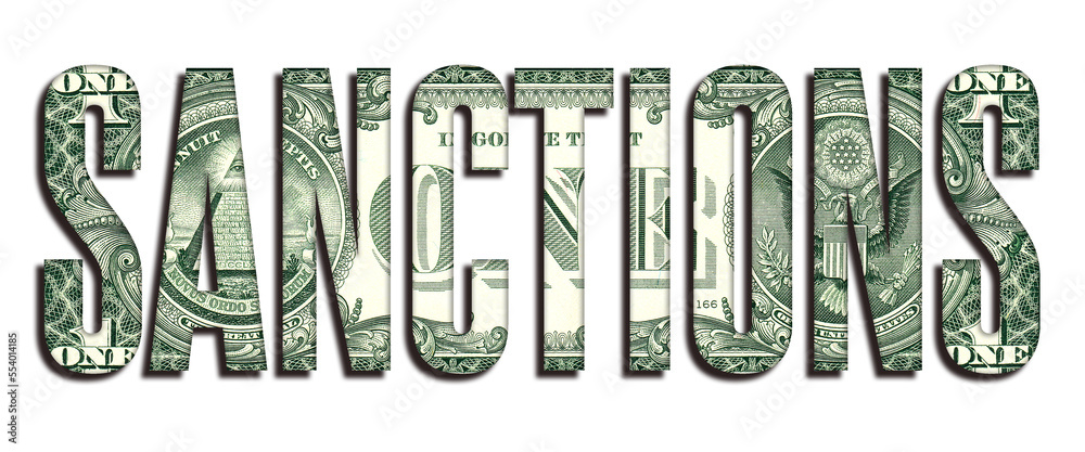 SANCTIONS Concept Word 1 US Dollar Bill Banknote Money Texture on White ...