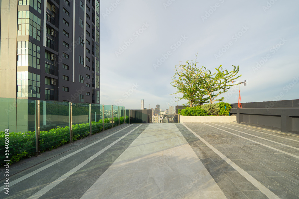 Sky garden on private rooftop of condominium or hotel, high rise ...