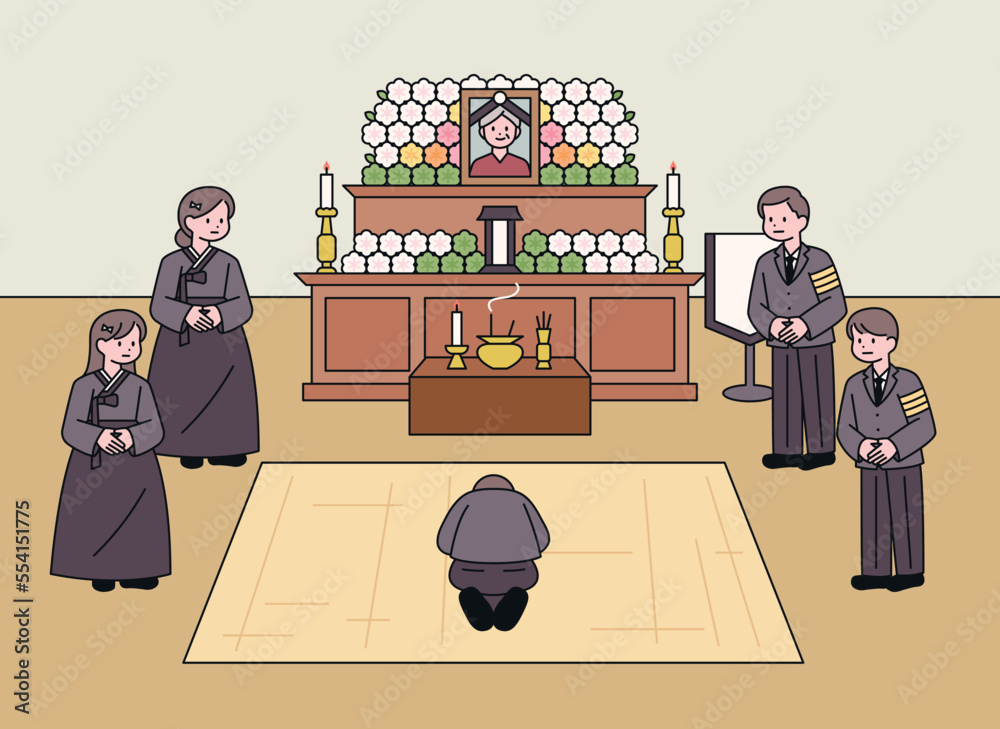 Funeral home in Korea. There is an altar with a picture of the deceased ...