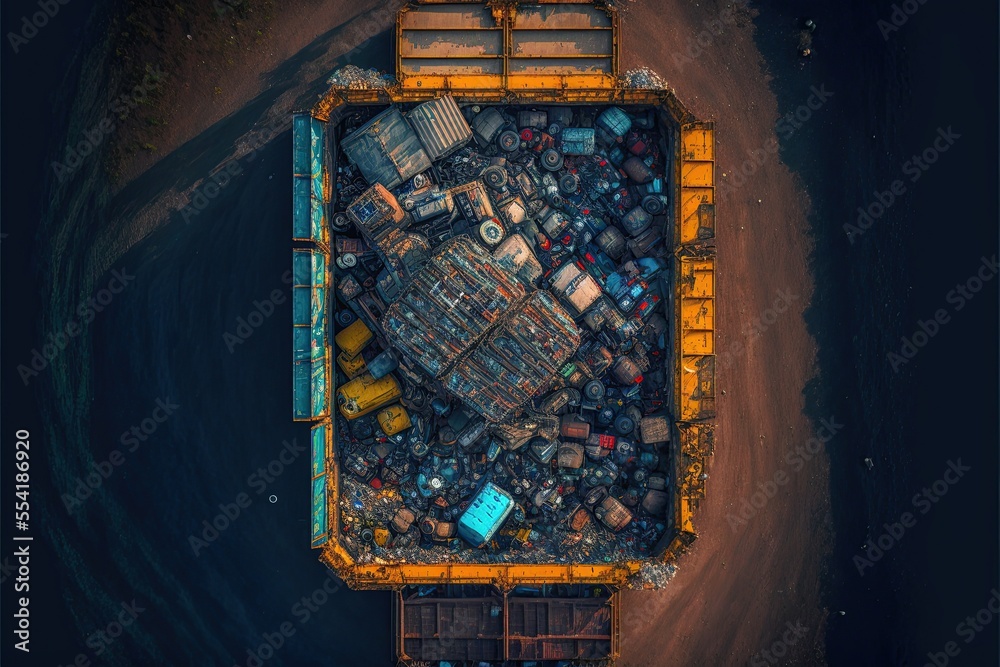 A birds-eye drone view of a garbage dump in an urban area with rubbish ...