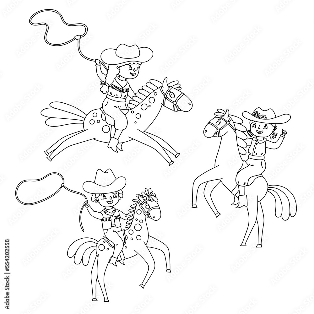Cowboy and cowgirl on the horse. Vector cartoon outline children ...