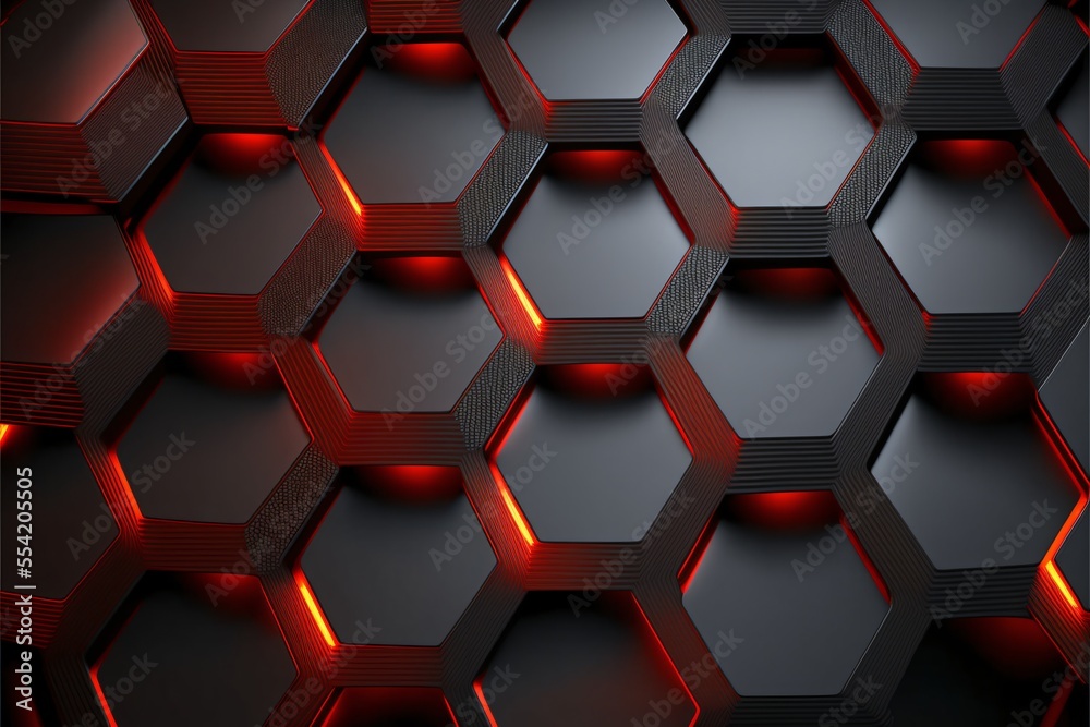 Abstract dark hexagon pattern on red neon background technology style. Modern futuristic ...