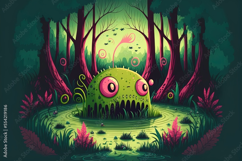 Cute monster in a green swamp in the forest, cartoon stunning picture ...