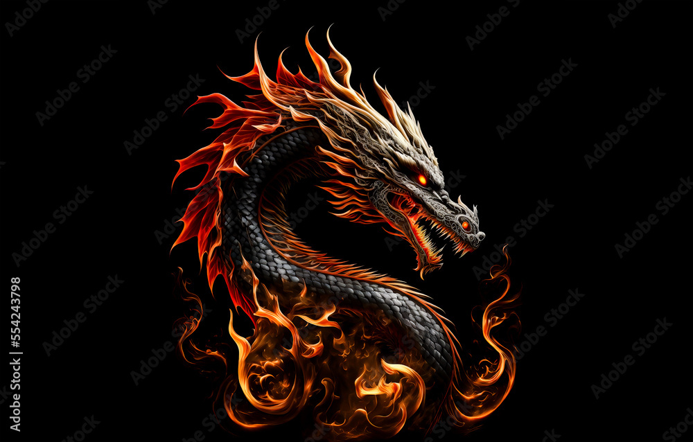 Fire dragon head on a black background. Generative AI Illistration of ...