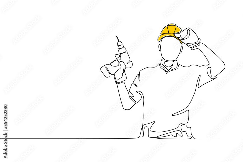 Image vectorielle Stock Builder man holding drill and wearing helmet ...
