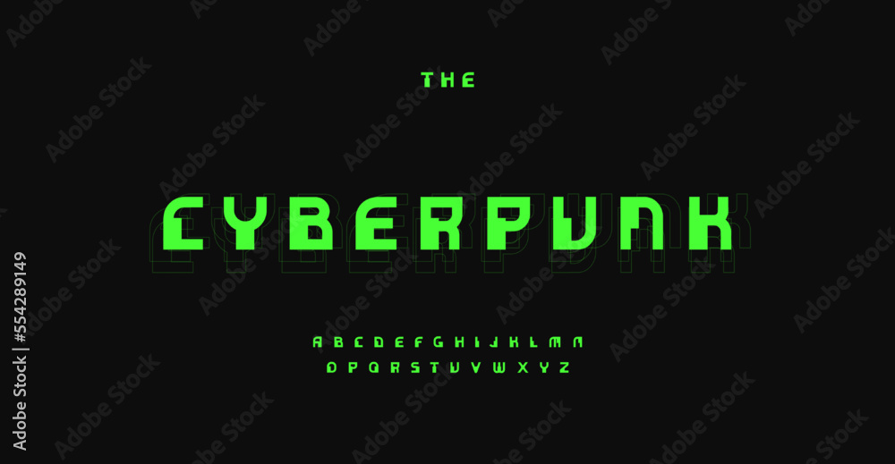 Cyberpunk font, retro digital typeset. Green hacker alphabet, pixel ...