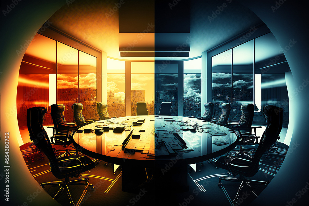 Futuristic / Retro conference room with bold vivid colors and contrasts ...