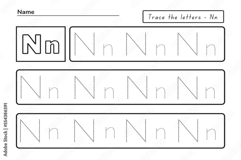 Stock-Vektorgrafik „Trace letters n. uppercase and lowercase. Alphabet tracing practice ...