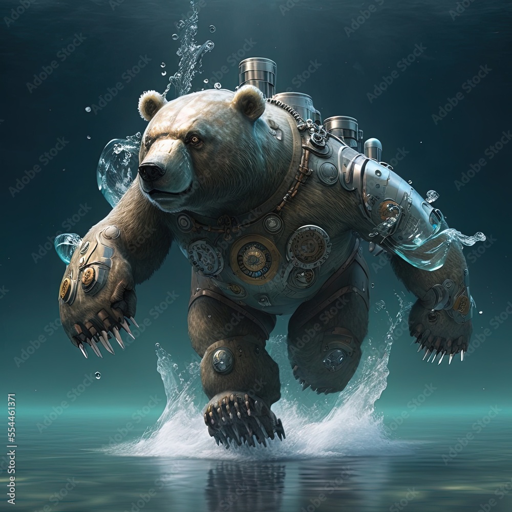 Ilustración de Stock Robot bear in water, futuristic knight, mechanical ...
