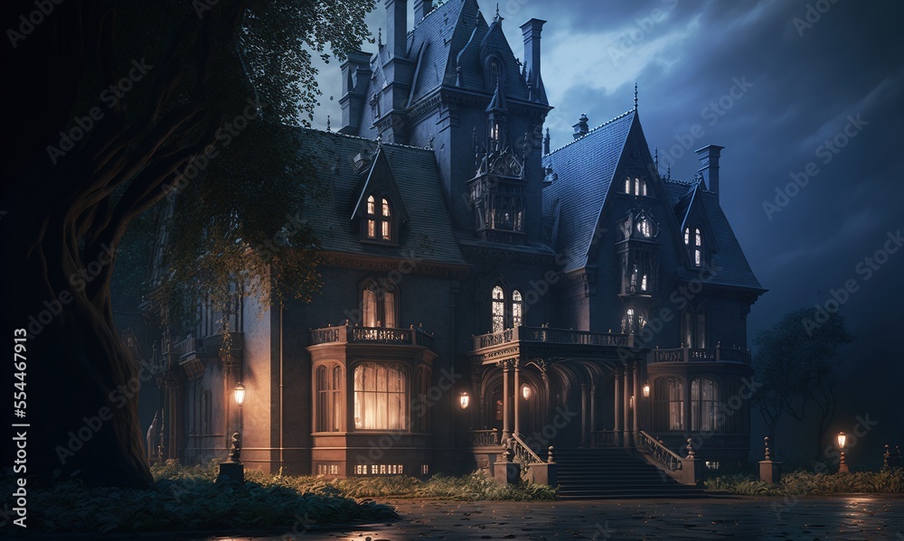 Dark Gothic Mansion in the Moon Light. Rainy Night Mystical Victorian ...