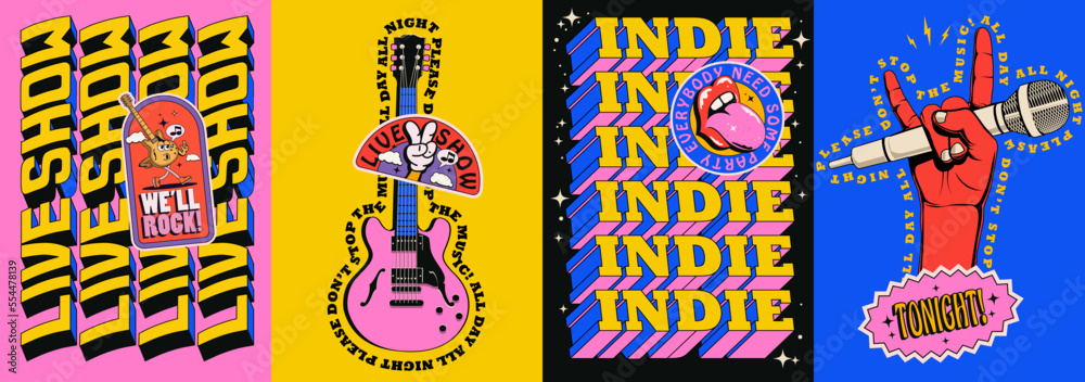 Live indie music show or rock music concert or party poster set with ...