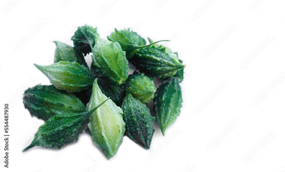 Pile of organic bitter gourd fruits on white background. Concept, Thai ...