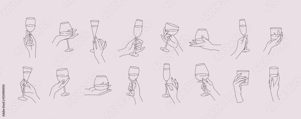 Collection of different woman hands gestures hold wineglass or drink ...