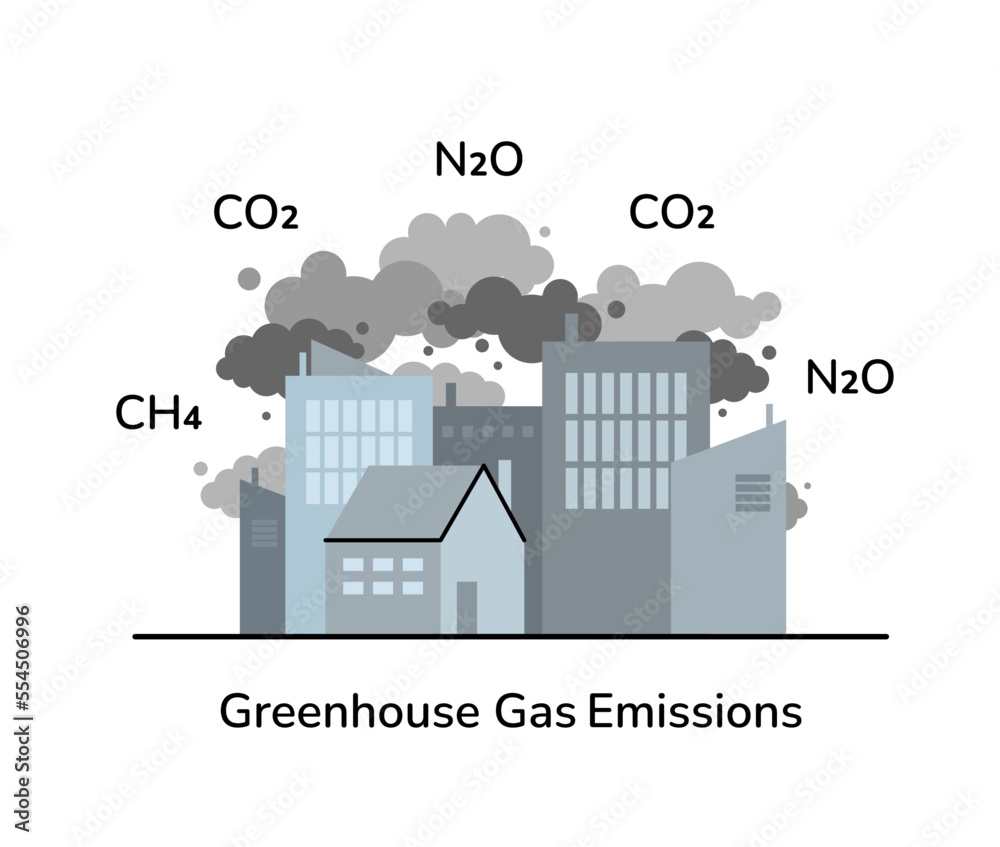 Greenhouse gas emissions vector illustration. Human living, building ...