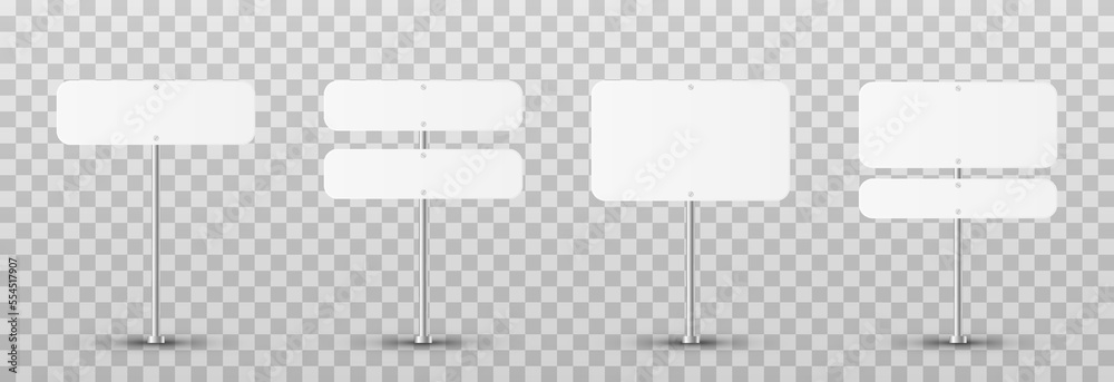 Set of road signs on an isolated transparent background. White signs ...