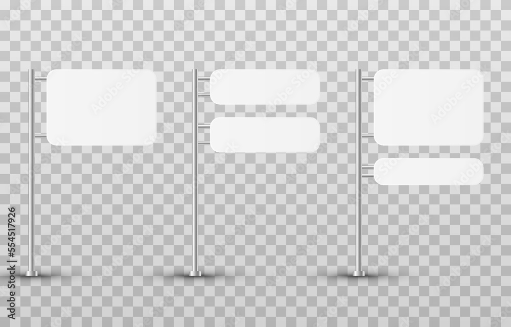 Set of road signs on an isolated transparent background. White signs ...