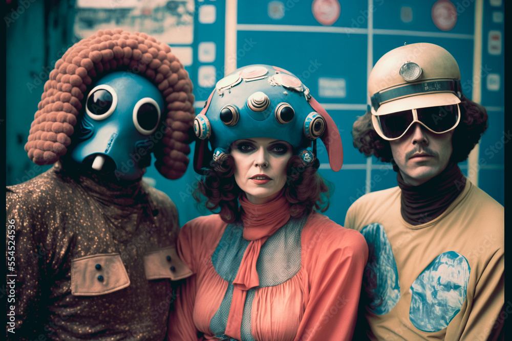 Three people dressed in vintage costumes from a retro science fiction ...