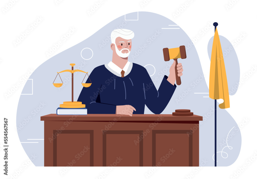 Judge with hammer. Man in black robe with gavel. Jurisprudence, justice ...