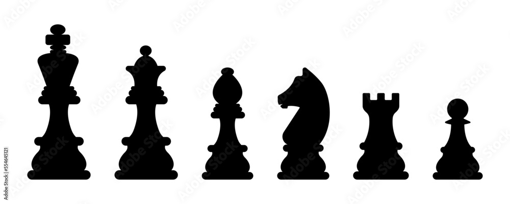 Set of chess vector icons. Black silhouette with chess. King, queen ...