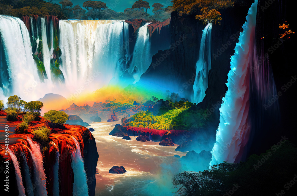 Fantasy scene, wild waterfalls in the jungle. game design inspiration ...