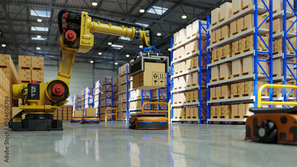 Factory Automation with AGV robot and robotic arm in transportation to ...