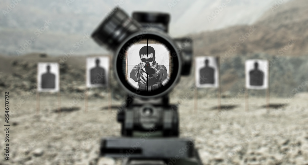 Sniper rifle scoping target view, image of a rifle scope sight used for ...