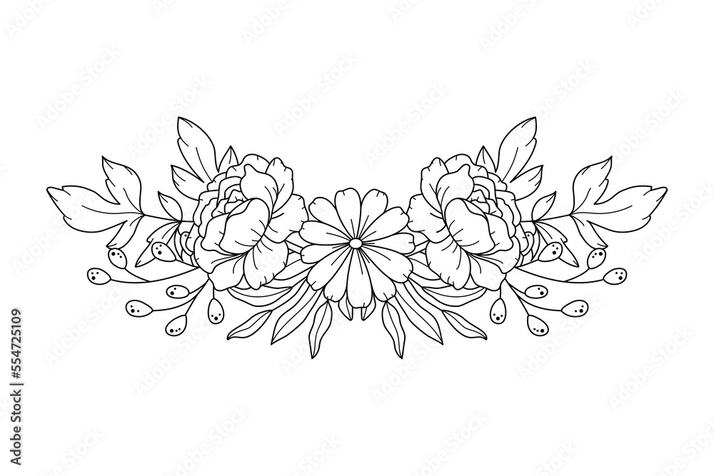 Floral border arrangement. Line art peony and daisy flowers and leaves ...