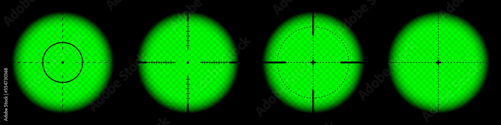 Various weapon night sights, sniper rifle optical scopes. Hunting gun ...