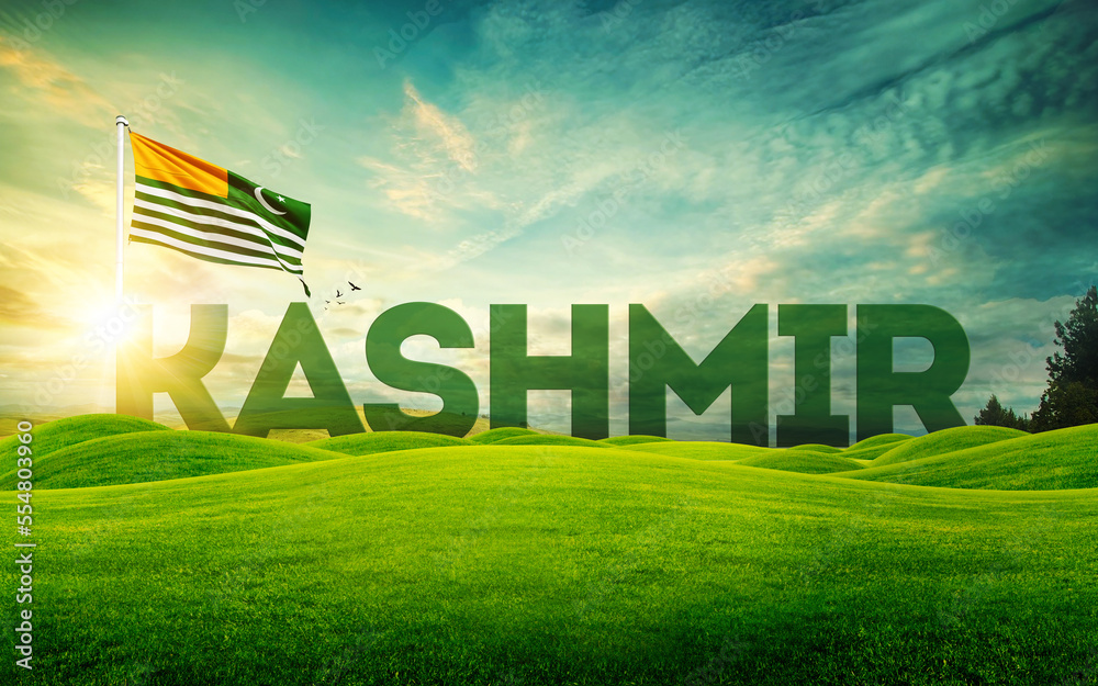 kashmir green mountains with kashmir typo with kashmir flag. Stock ...