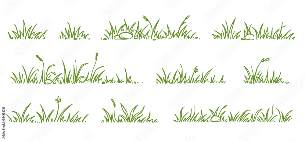 Grass doodle sketch style set. Hand drawn grass field outline scribble ...