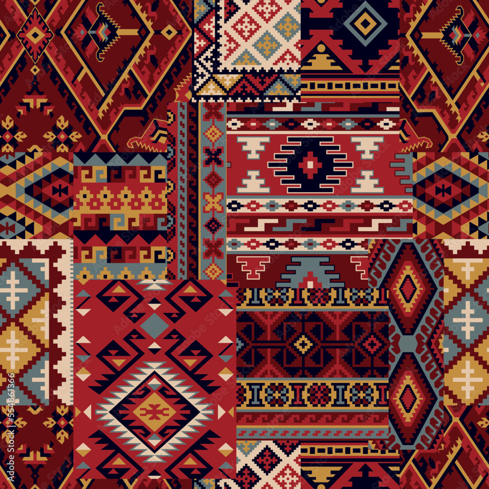Caucasian style antique kilim carpet motifs patchwork vector seamless ...