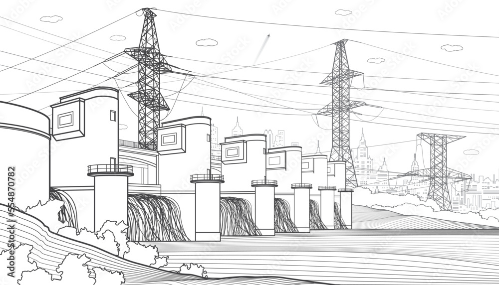 Hydro power plant. River Dam. Renewable energy sources. High voltage ...