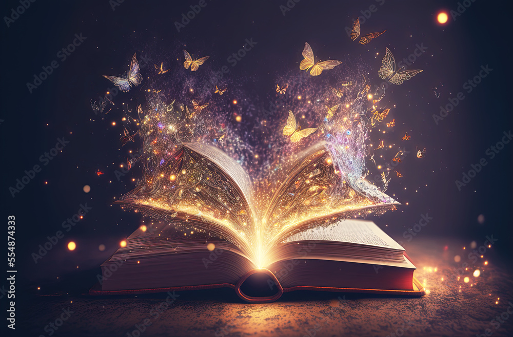Opened magic fantasy book with magical flying butterflies above upwards ...