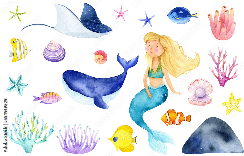 Mermaid cute watercolor illustration. Cute baby whale animal underwater ...