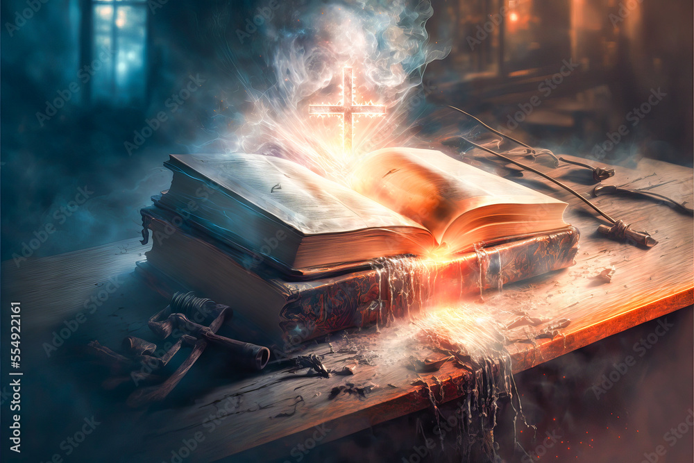 A Christian and mystical cross is revealed above an open Bible ...
