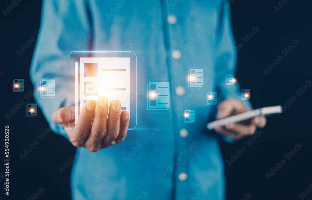 Documents management information system concept, Businessman using ...