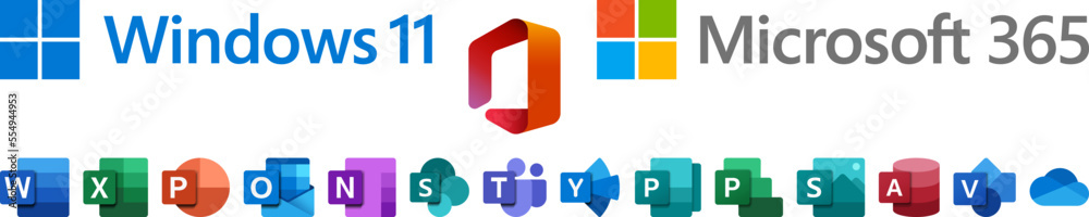 Microsoft Office 365 Windows 11 logo set. Word, Excel, PowerPoint ...