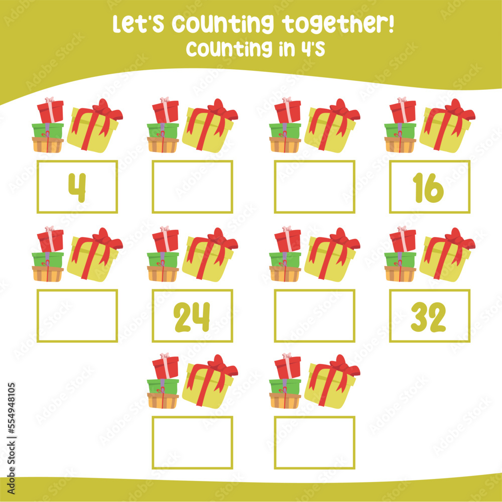 เวกเตอร์ Stock Counting by four's the Christmas elements. practising math in multiple of 4s ...