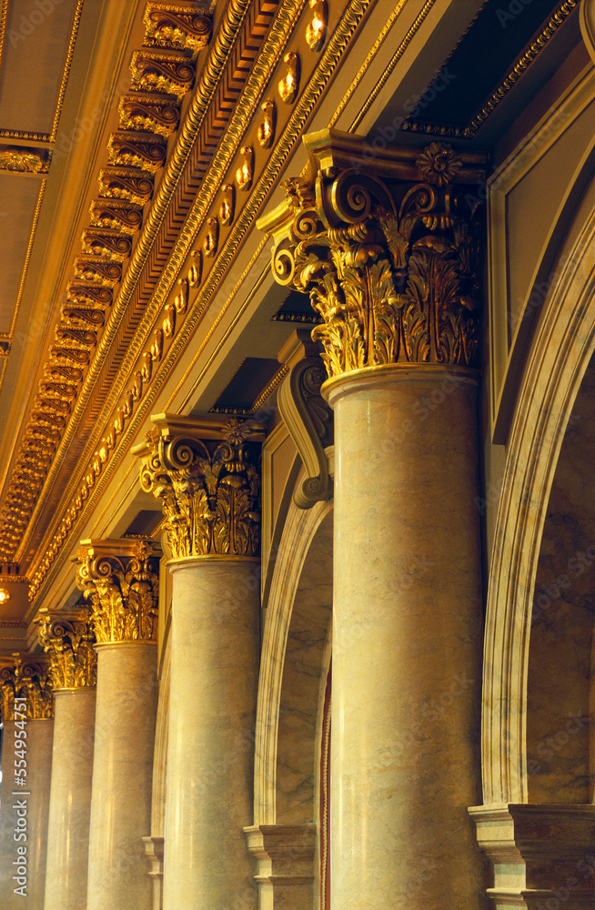 Columns and gilded capitals in the Iowa State Capitol Building; Des ...