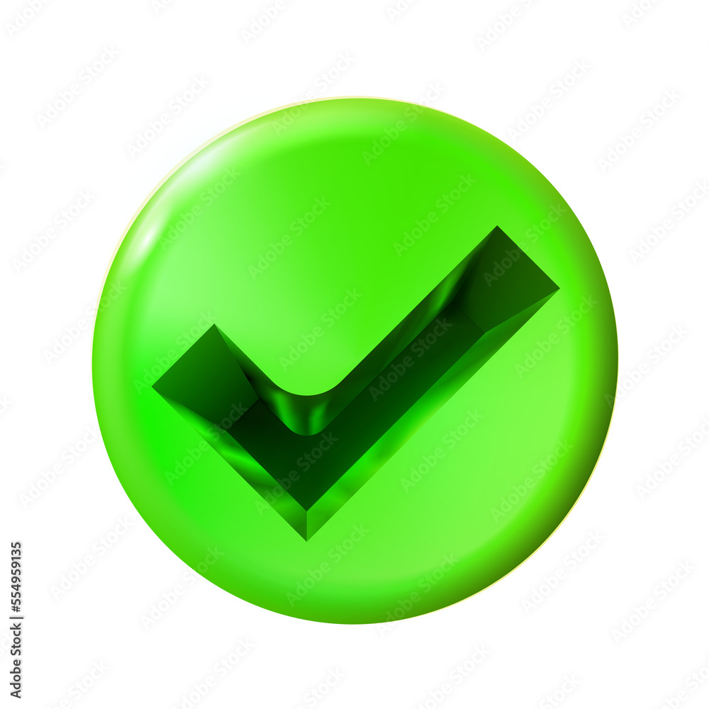 Tick sign glossy realistic, green checkmark. Plastic 3d toy. Icon, modern ui isolated. Check ...