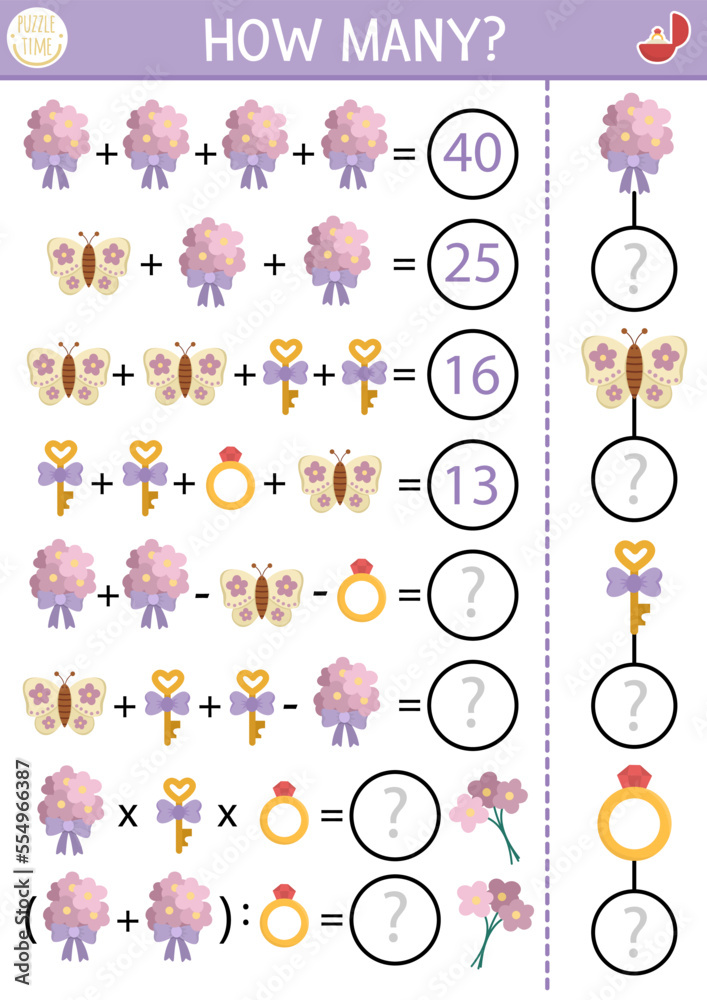 How many flowers game, equation or rebus with cute bouquets. Wedding ...