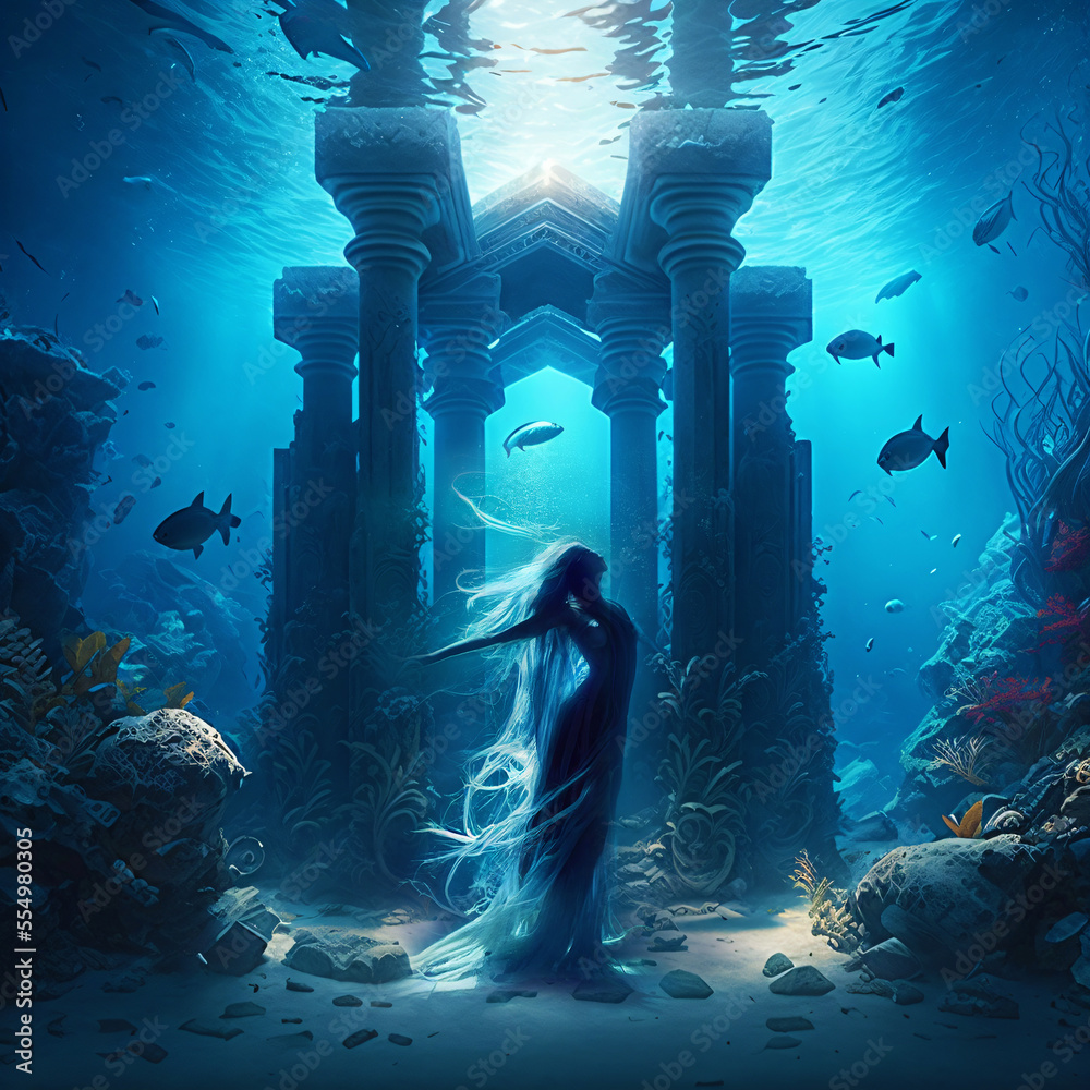 atlantis underwater scene, the magic ocean lady, beautiful young woman ...
