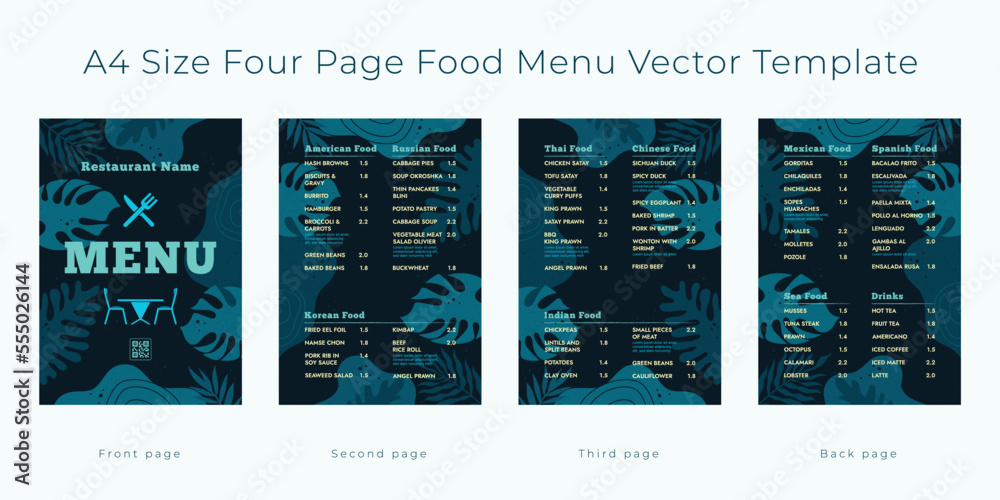 Restaurant cafe menu, template design, A4 size, Four page food menu ...
