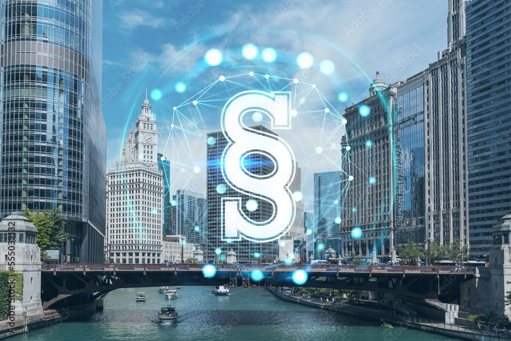 Photo Stock Panorama cityscape of Chicago downtown and Riverwalk ...