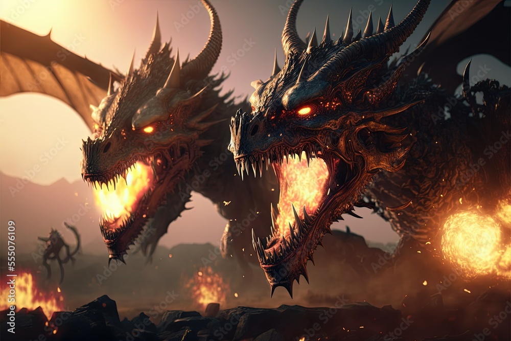 Generative AI, Generative, AI, Fantasy , two big imposant fire breathing dragons. Stock ...
