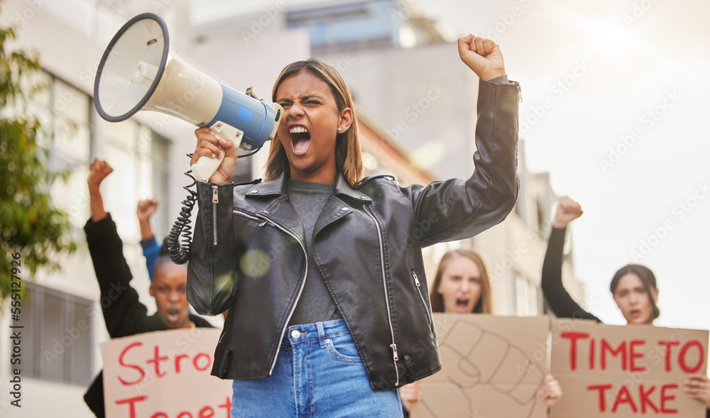 Protest, shouting and woman with megaphone in city marching for gender ...