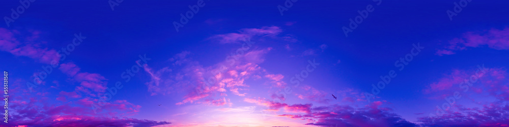Dark blue magenta sunset sky panorama with pink Cumulus clouds ...