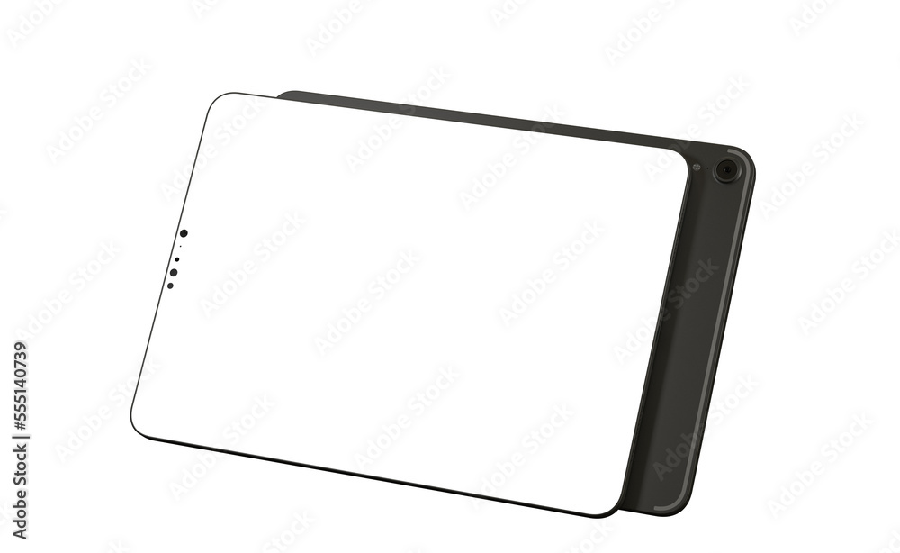 Blank screen realistic tablet frame, rotated position, side view, top view. The tablet is at ...